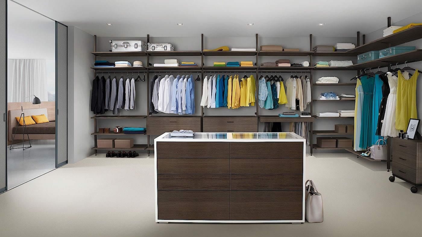 Dark Pine & White Walk-In Wardrobe & Island | design haus bedrooms