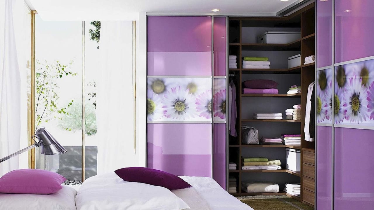 Purple Floral Corner Built in Sliding Wardrobe | design haus bedrooms